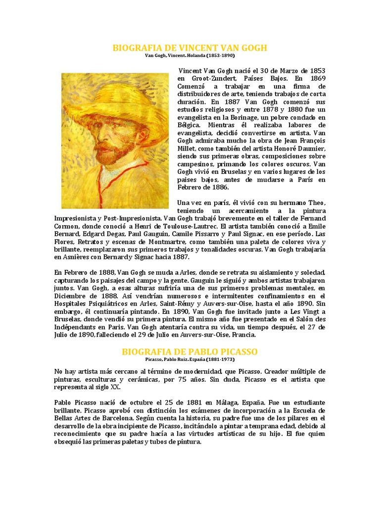 Biografia de Vincent Van Gogh | PDF | Vincent Van Gogh | Pablo Picasso