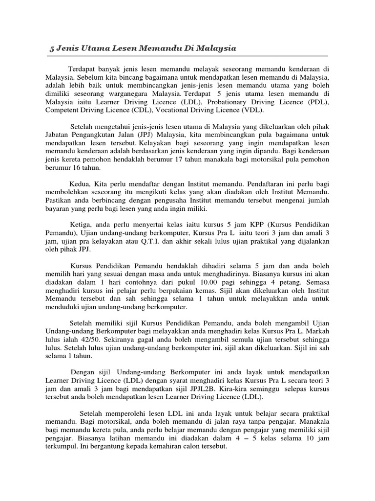 5 Jenis Utama Lesen Memandu Di Malaysia | PDF
