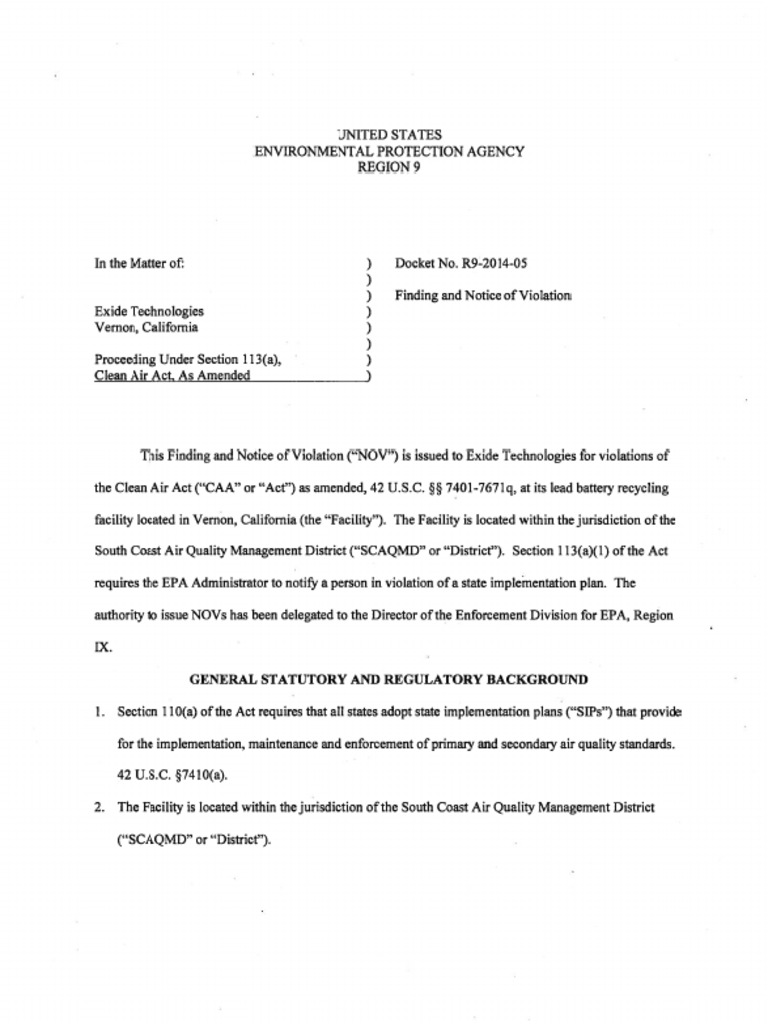 NOV Exide 05-22-2014 W Company Letter | PDF | Clean Air Act (United ...