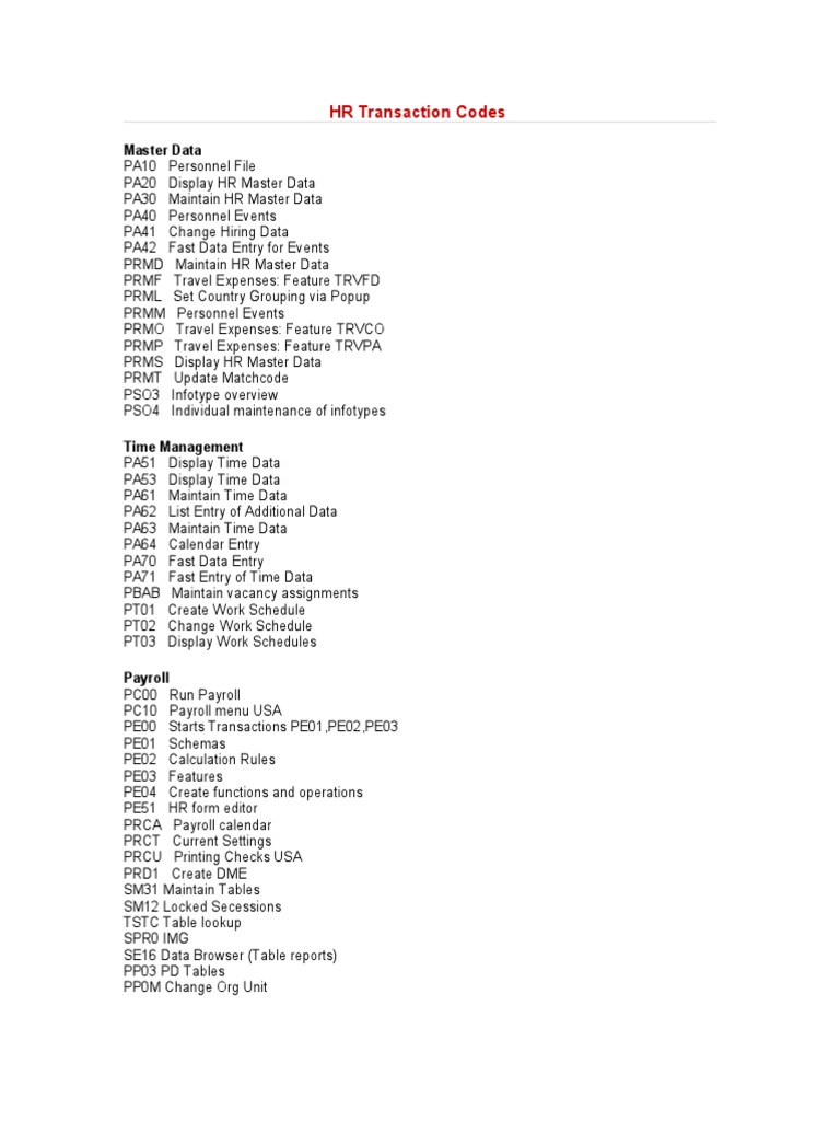 Transaction Codes Sap HR 407 | PDF | Computing | Labour