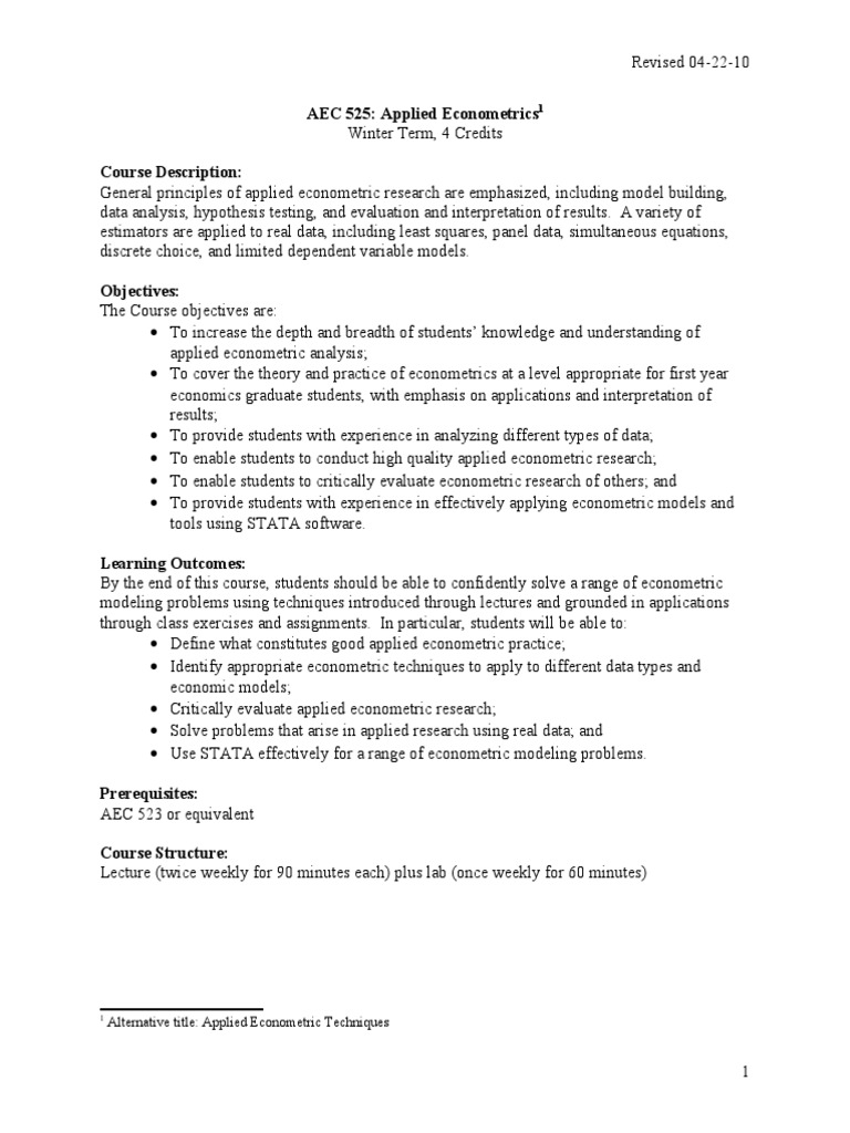 AEC 525: Applied Econometrics: Alternative Title: Applied Econometric Techniques | PDF ...