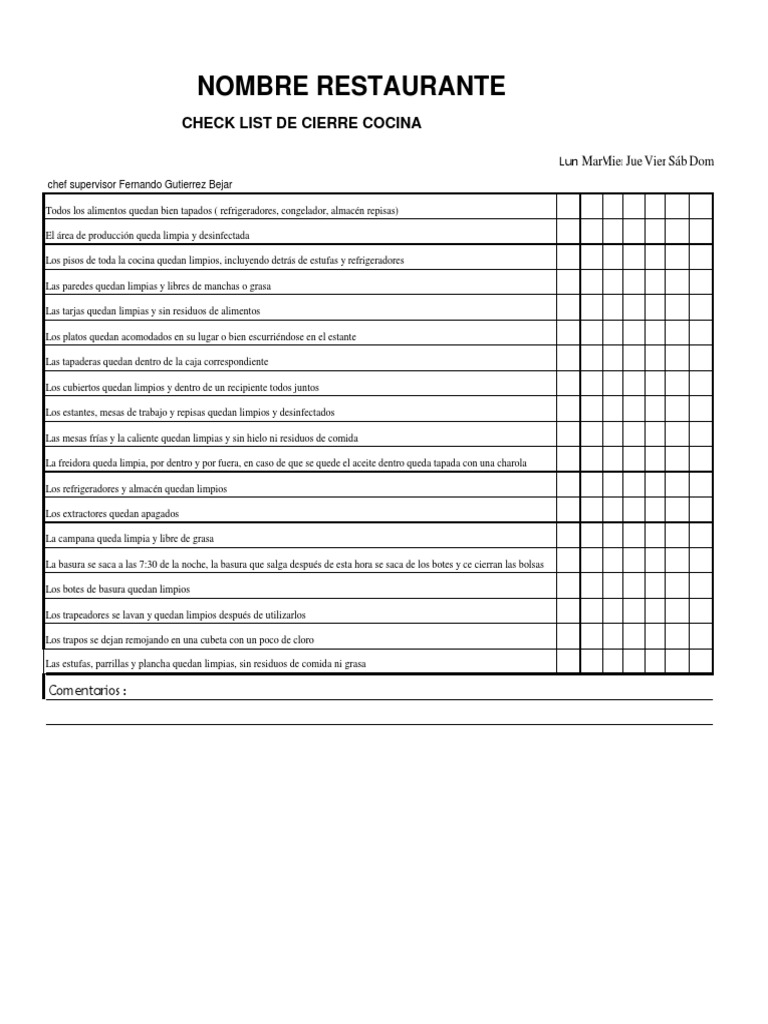 Checklist de Cierre de Cocina | PDF | Cocina, comidas y vino | Salud y ...