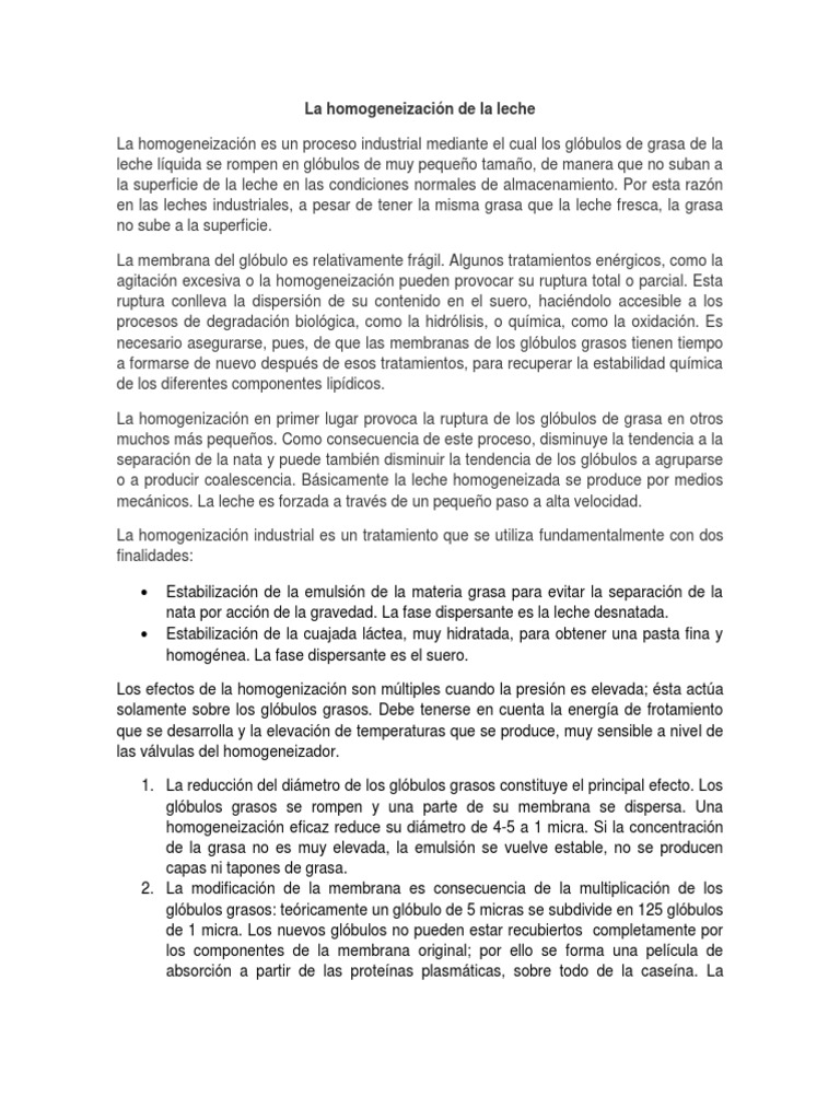 La Homogeneización de La Leche | PDF | Leche | Emulsión