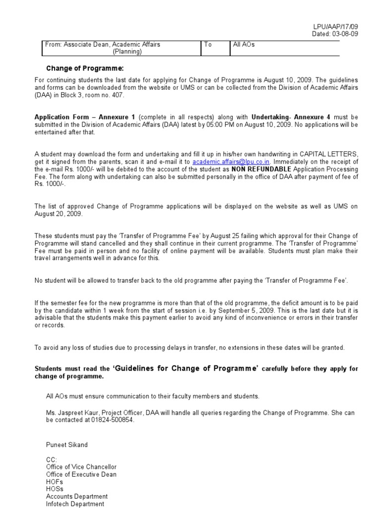 Circular For Change of Programme | PDF | Service Industries | Payments