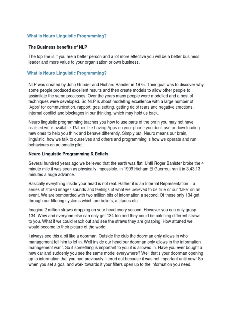 NLP Neuro Linguistic Programming | PDF | Neuro Linguistic Programming ...