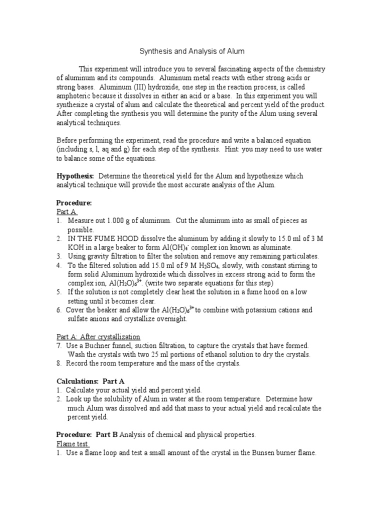 Alum Synthesis and Analysis Lab Report | PDF | Precipitation (Chemistry ...