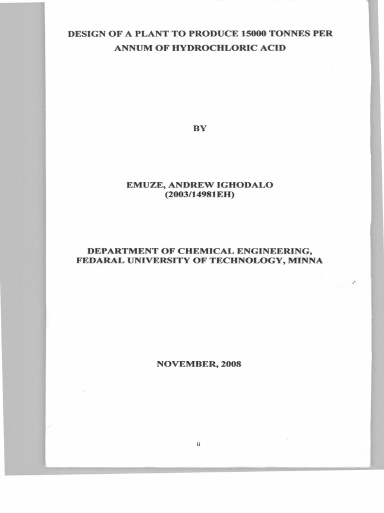Design of A Plant To Produce 15000 Tonnes Per Annum of Hydrochloric ...