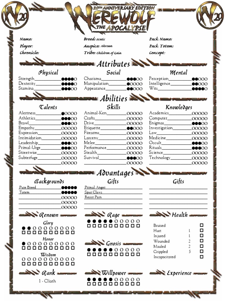 Werewolf The Apocalypse Character Sheet