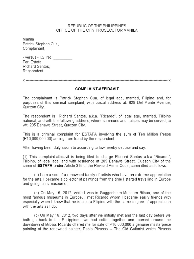 LEGAWRI - Complaint-Affidavit For Estafa | PDF | Crime & Violence | Crime Thriller