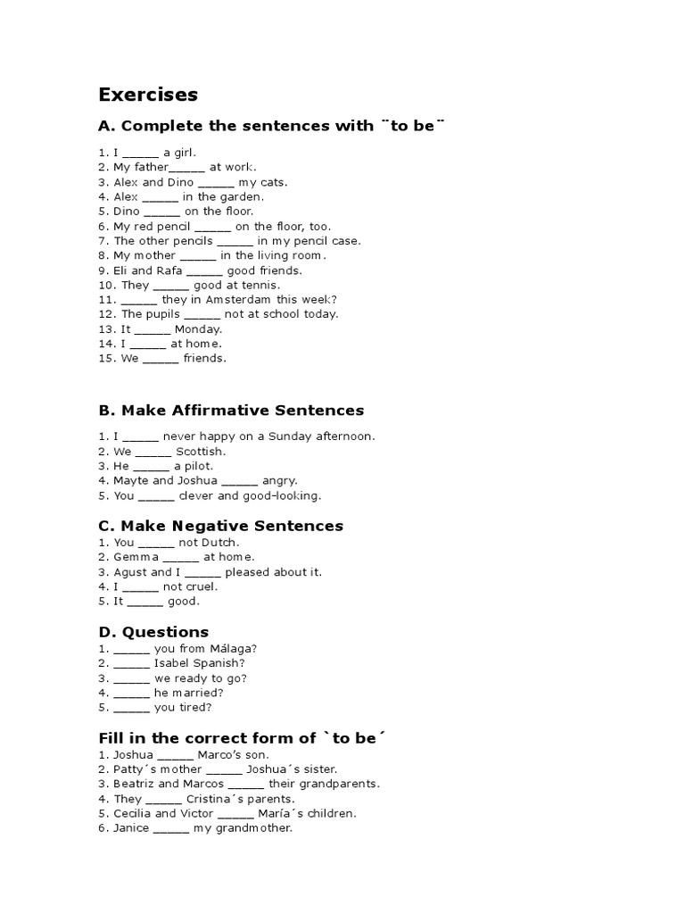 Exercises: A. Complete The Sentences With To Be | PDF