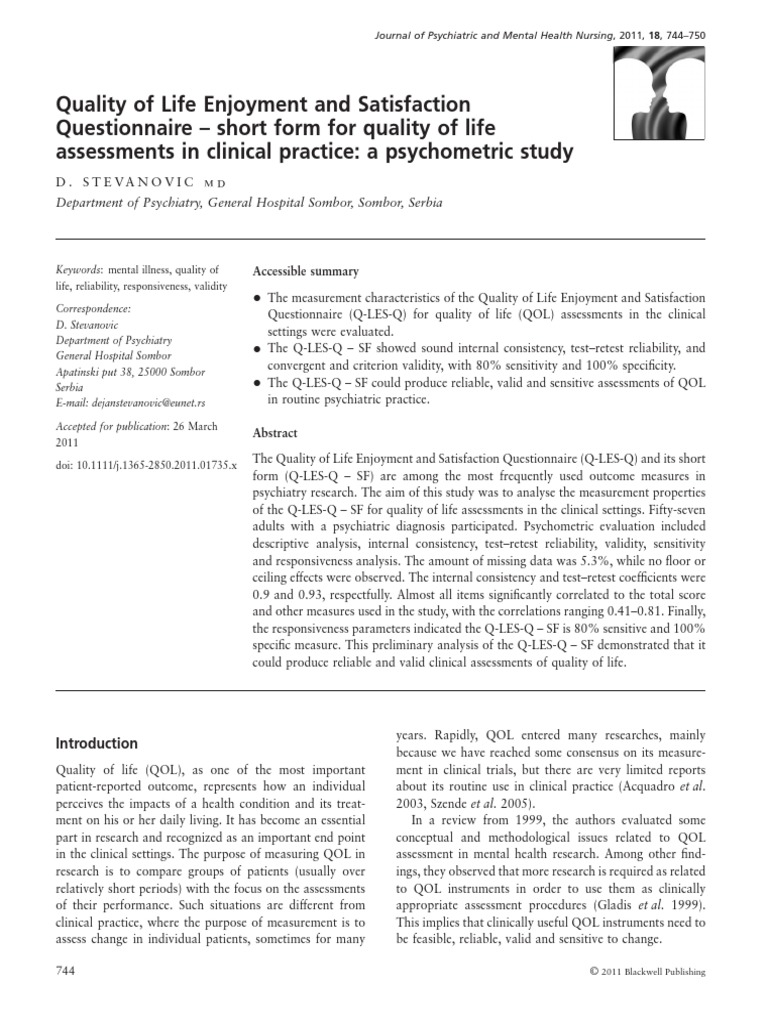 Quality of Life Enjoyment and Satisfaction Questionnaire | PDF ...