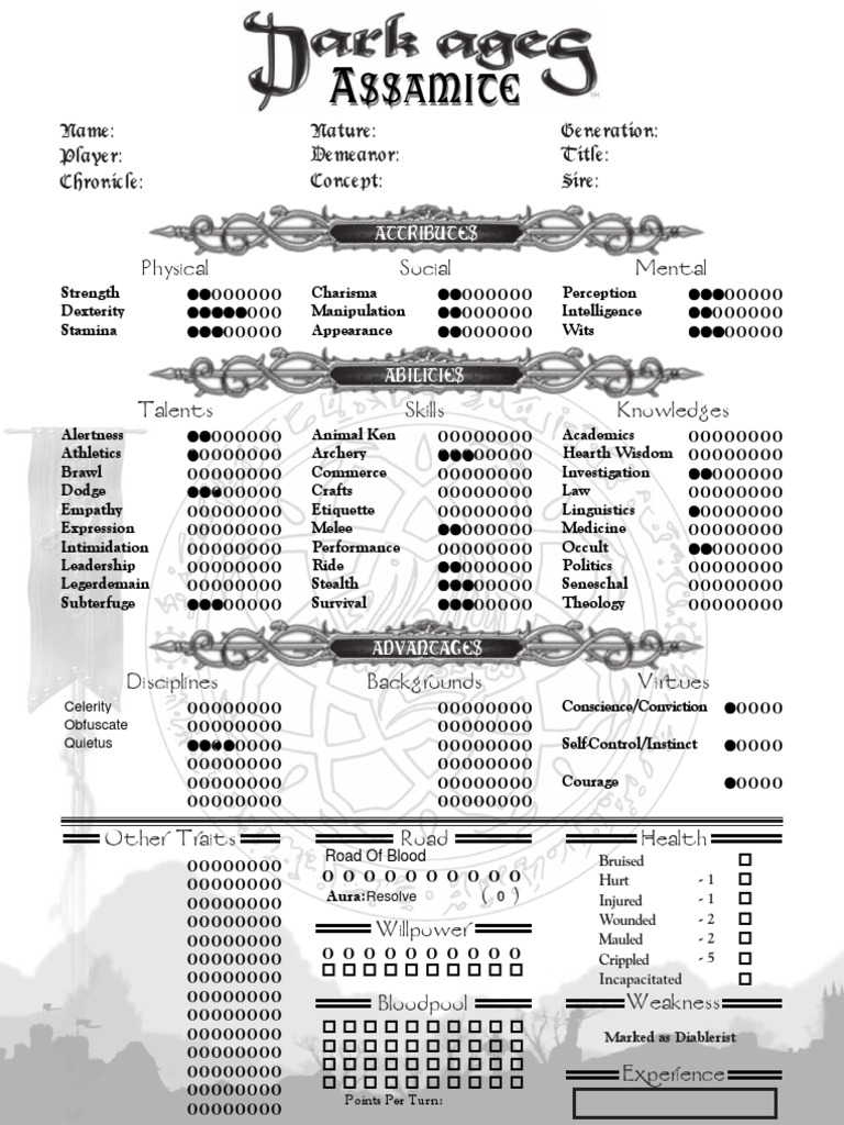 Assamite Character Sheet Template | PDF | Tabletop Games | Role Playing