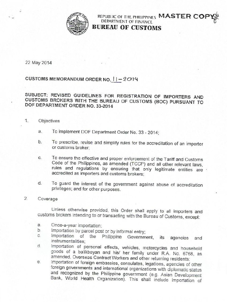 Bureau Of Customs Memorandum Order 11 2014 Revising Guidelines For