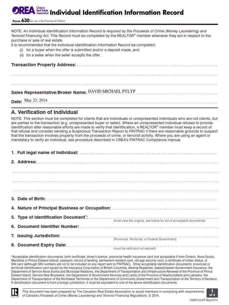 Individual Identification Information Record - OrEA 630 Blank | PDF ...