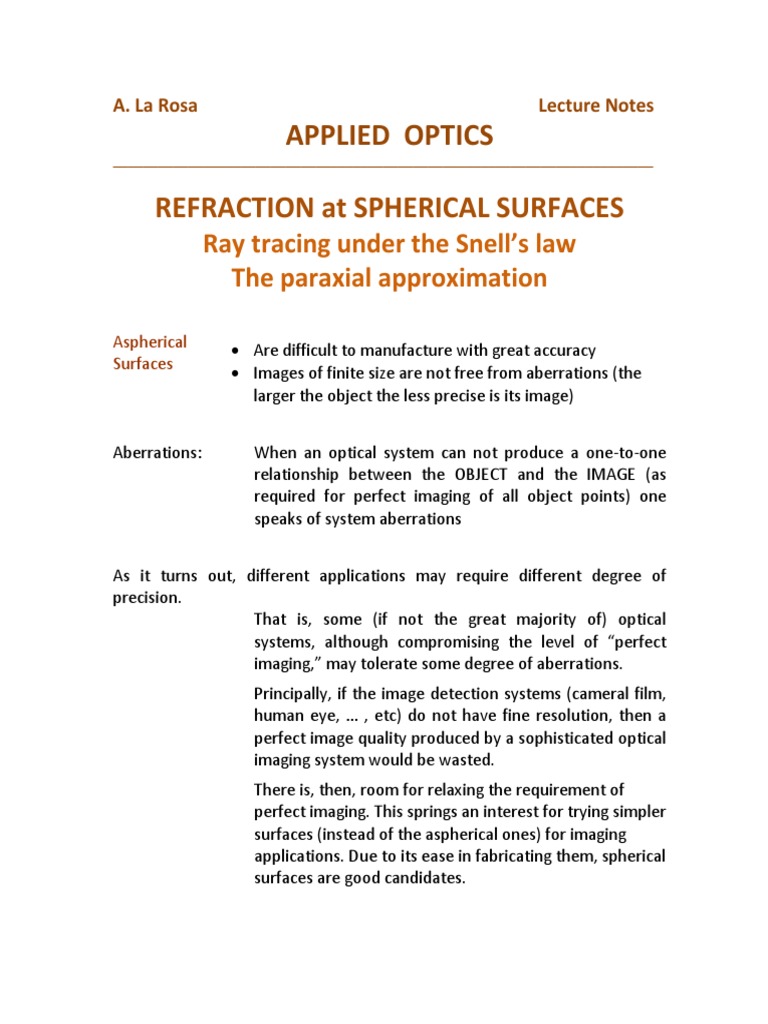 Refraction at Spherical Surfaces: Applied Optics | PDF | Lens (Optics) | Optics