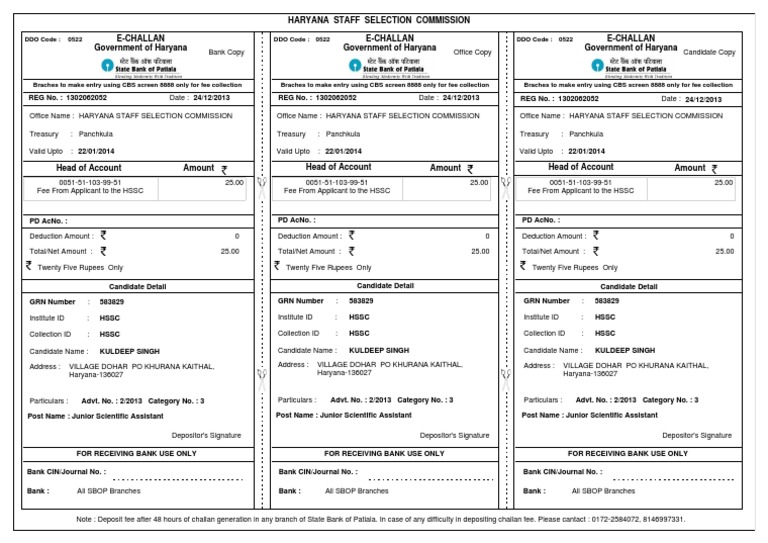 Challan | Deposit Account | Fee