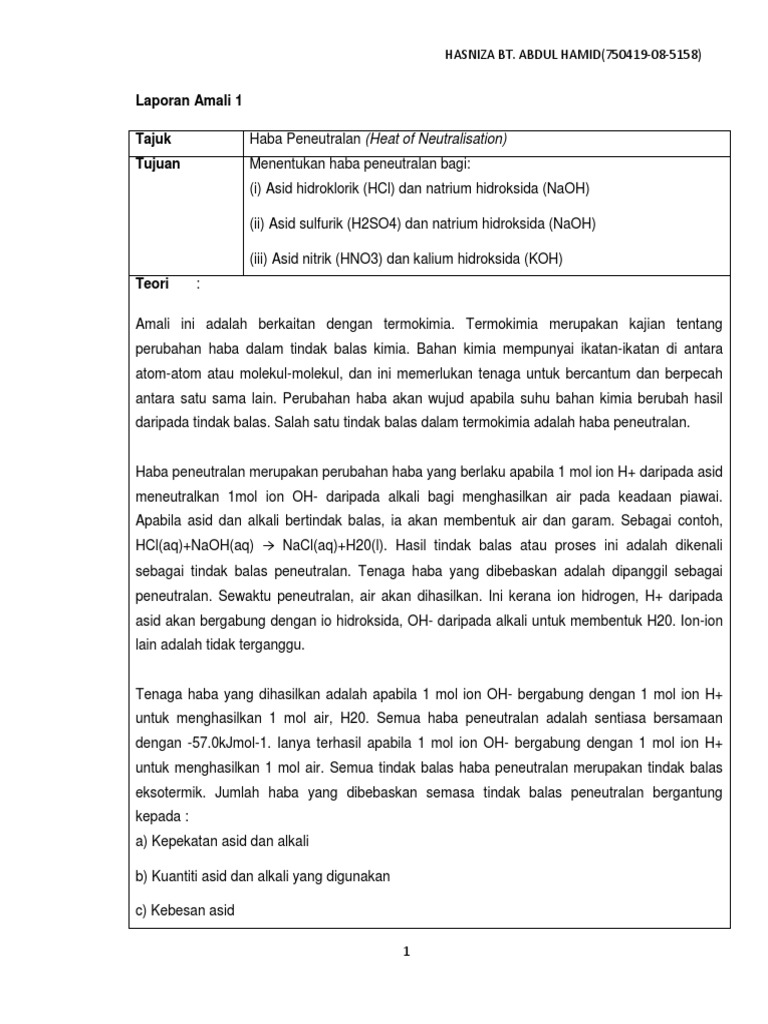 Laporan Amali 1 - Haba Peneutralan (Repaired) | PDF