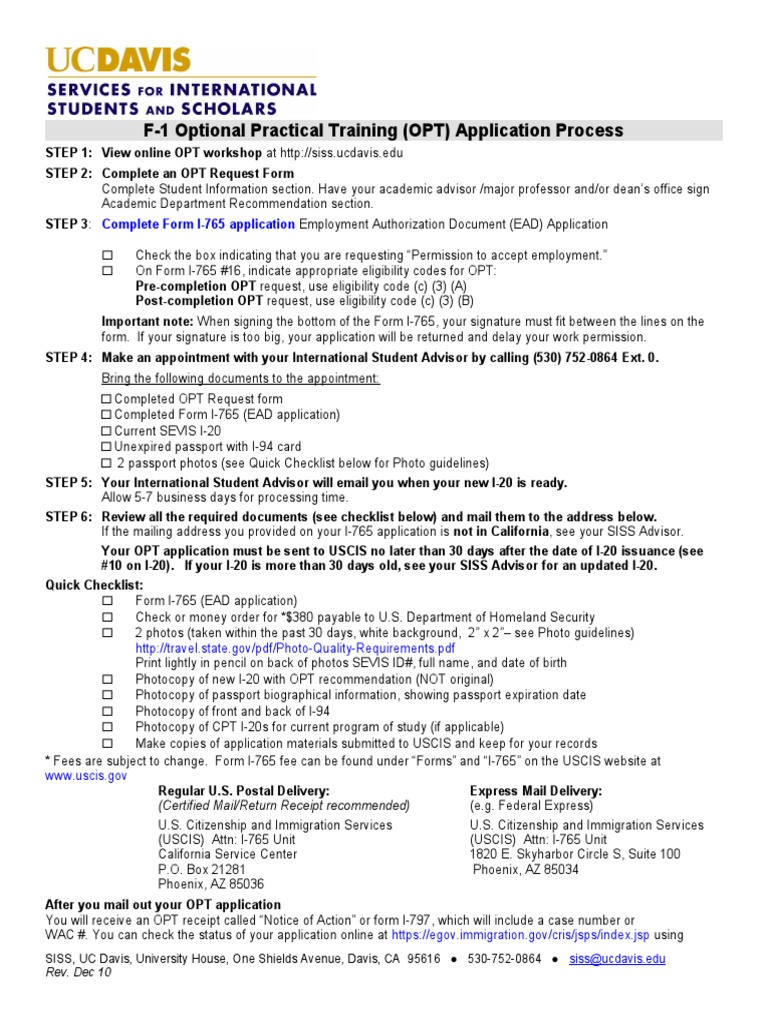 F-1 Optional Practical Training (OPT) Application Process: Complete Form I-765 Application | PDF ...