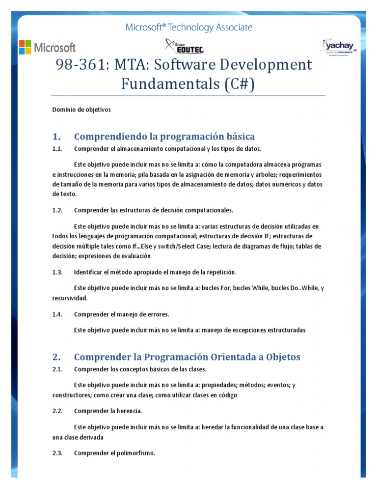 98 361 MTA SoftwareDevelopmentFundamentals | PDF | Clase (Programación ...