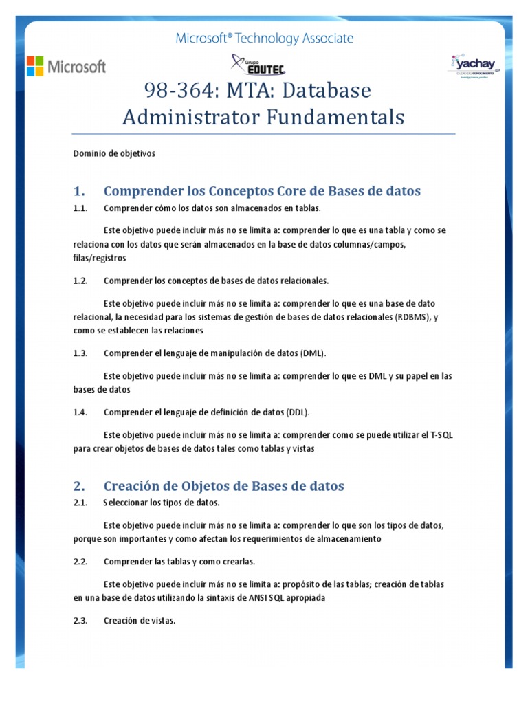 98 364 MTA DatabaseAdministratorFundamentals | Descargar gratis PDF | SQL | Diseño de software