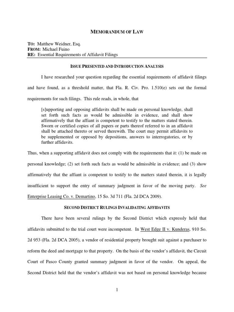 Affidavits, Memorandum of Law On Affidavits | PDF | Affidavit | Summary ...