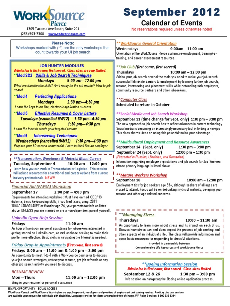 Calendar of Events: Job Hunter Modules Mod 2&3 Skills & Job Search ...