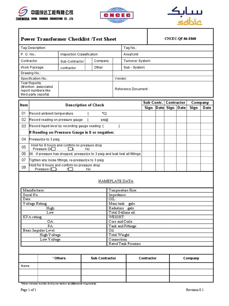Power Transformer Inspection Checklist | PDF