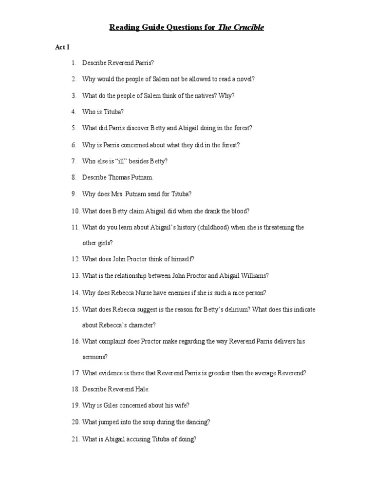 The Crucible Reading Guide | PDF | Salem, Massachusetts | Early Modern ...