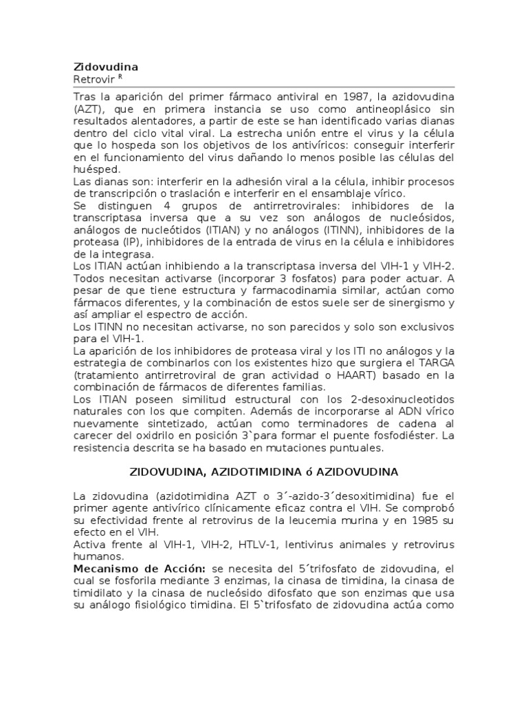 Mecanismo y Presentación de Zidovudina | PDF | Manejo del VIH / SIDA | VIH