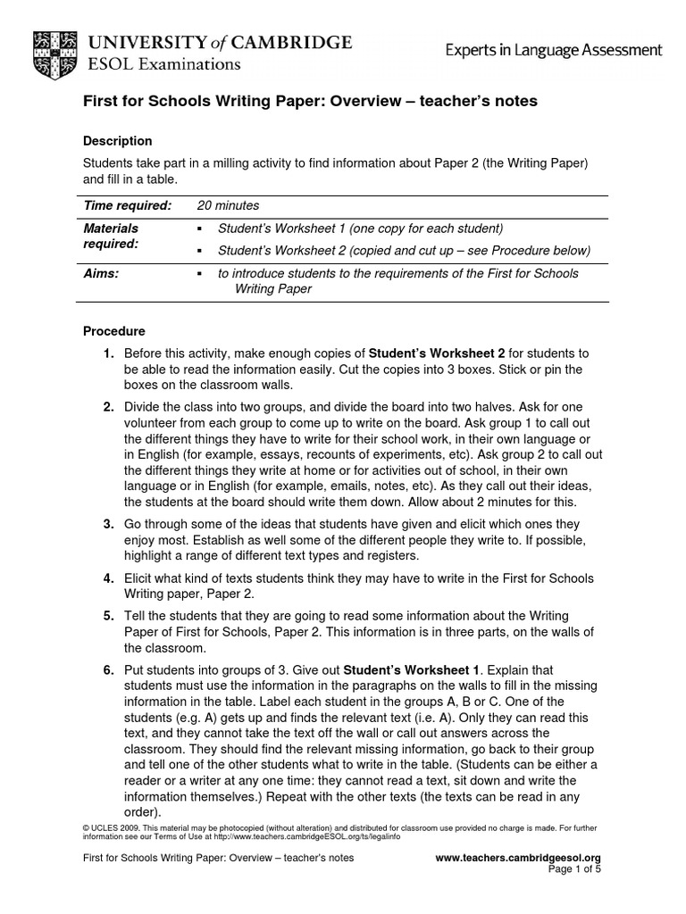 First For Schools Writing Paper: Overview - Teacher's Notes: Time ...
