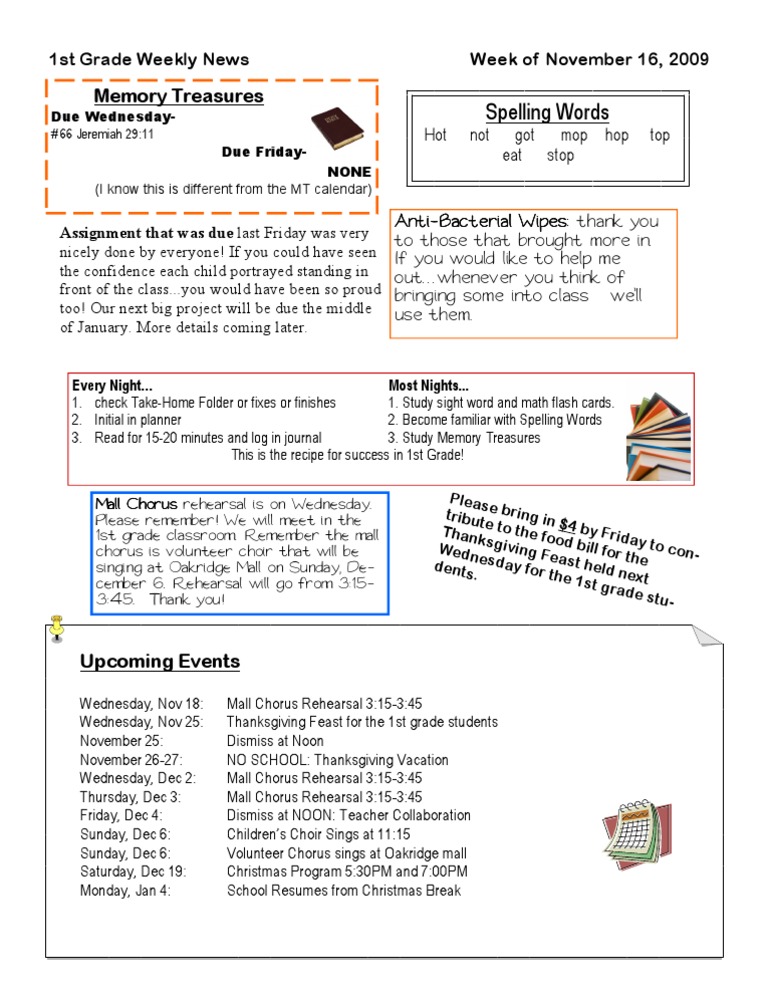 1st Grade Weekly News: Nov 16-22, 2009 | PDF | Leisure