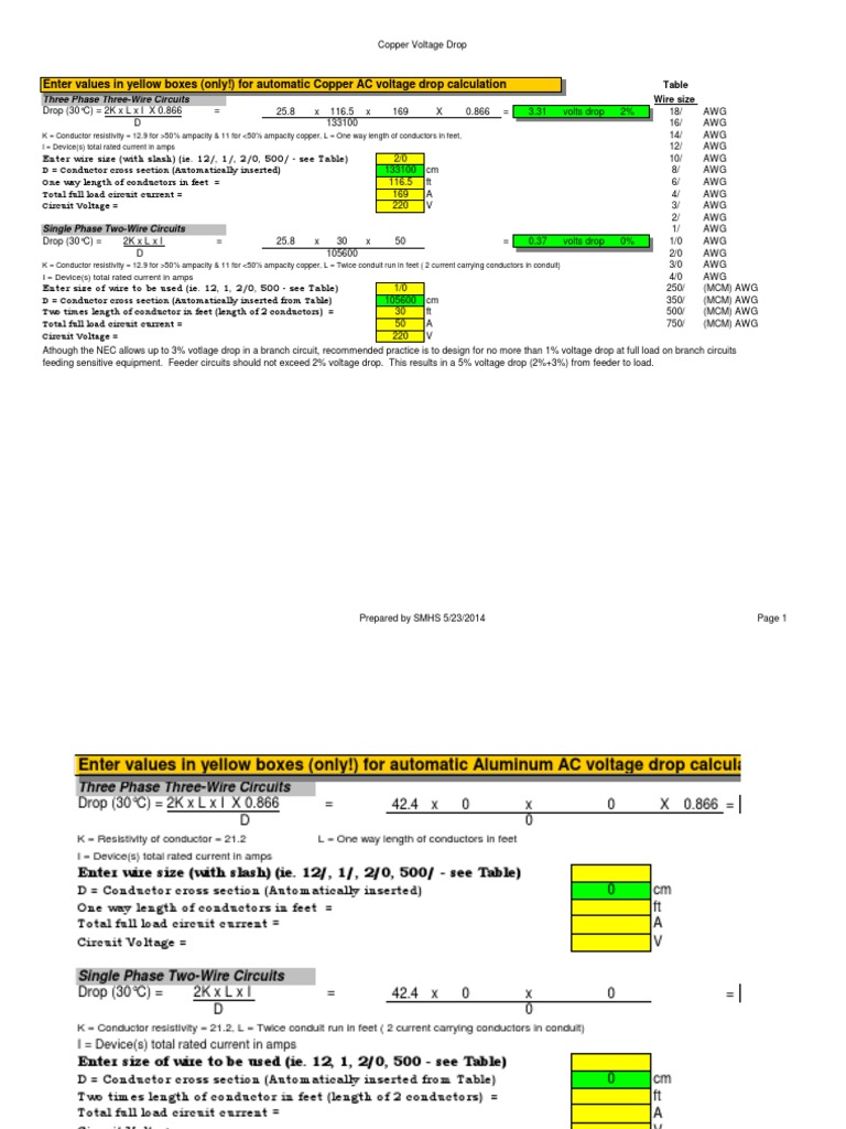 49cd247039c68100 600v Wiring Voltage Drop Spreadsheet 1 | PDF ...