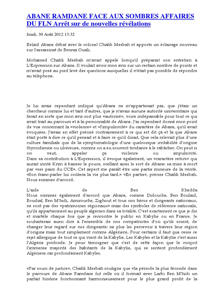 ABANE RAMDANE FACE AUX SOMBRES AFFAIRES DU FLN Arrêt Sur de Nouvelles ...