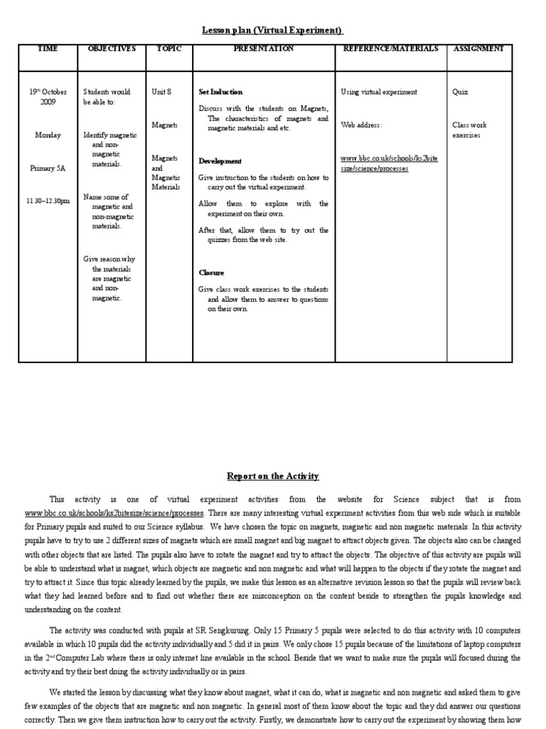 Lesson Plan (Virtual Experiment) : Time Objectives Topic Presentation ...