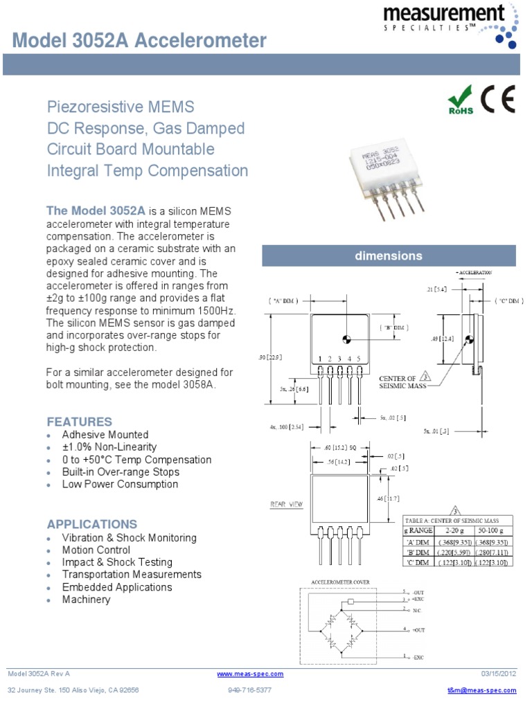Specification Sheet for the Model 3052A Piezoresistive MEMS Accelerometer: A DC-Response, Gas ...