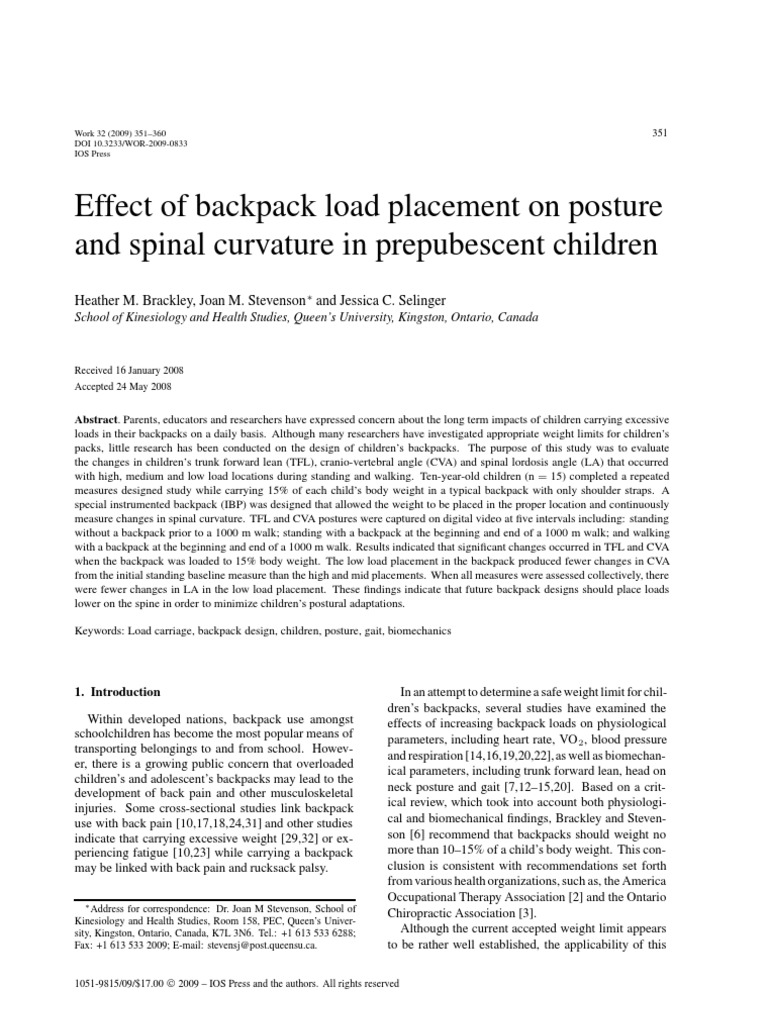 Effects of Backpack Placement On Posture and Spine | PDF | Backpack ...