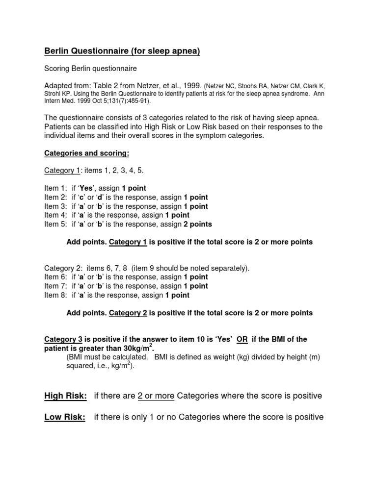 Berlin Sleep Apnea Risk Questionnaire | PDF