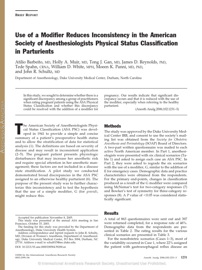 Clasificacion Asa en Gestantes 2006 | Anesthesia | Anesthesiologist