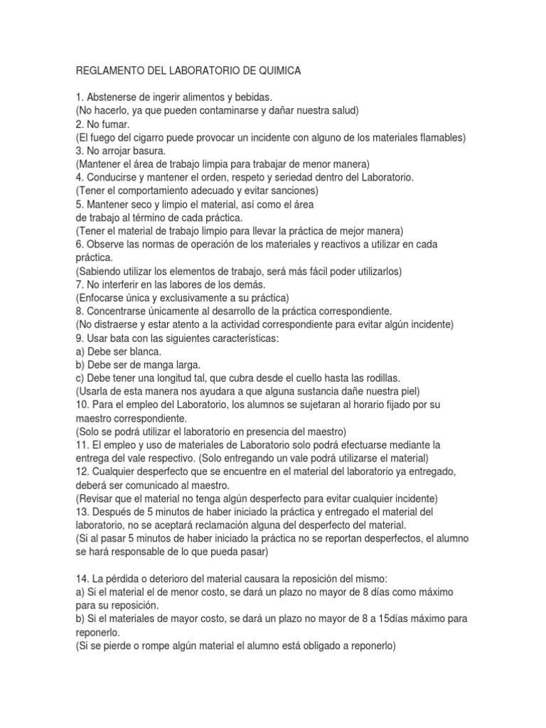 Reglamento Del Laboratorio de Quimica | Laboratorios | Solvente