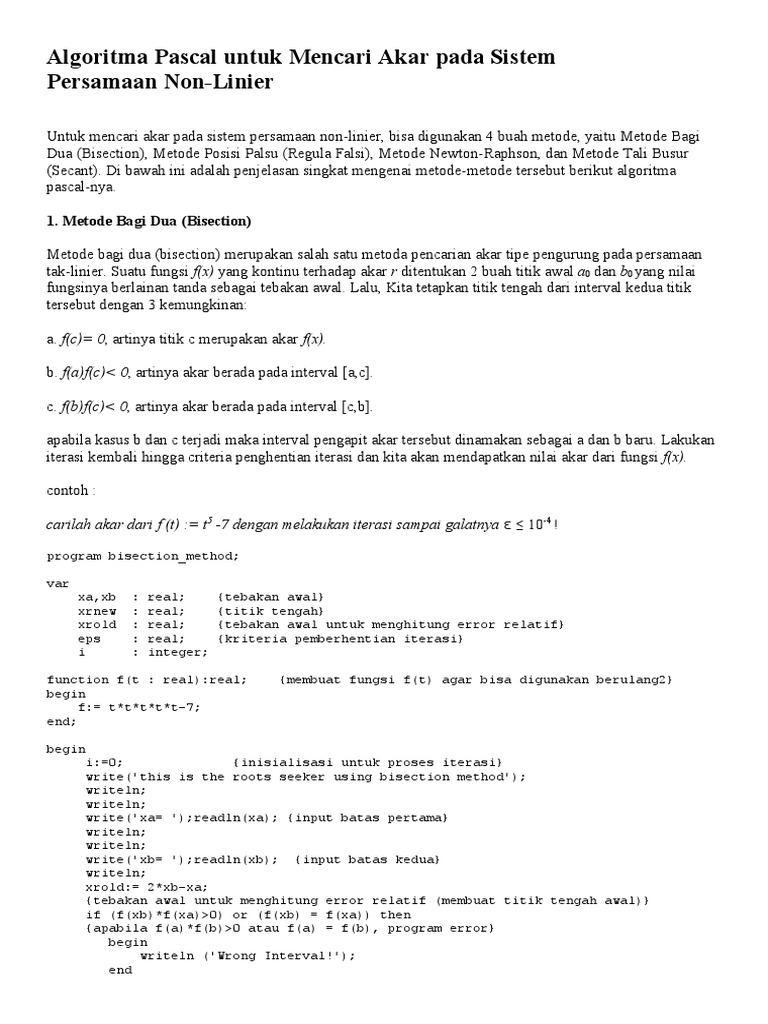 Algoritma Pascal Untuk Mencari Akar Pada Sistem Persamaan | PDF | Seni & Disiplin Bahasa ...