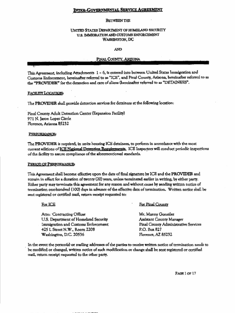 Pinal County Adult Detention Center (Arizona) - Intergovernmental Service Agreement (IGSA) With ...