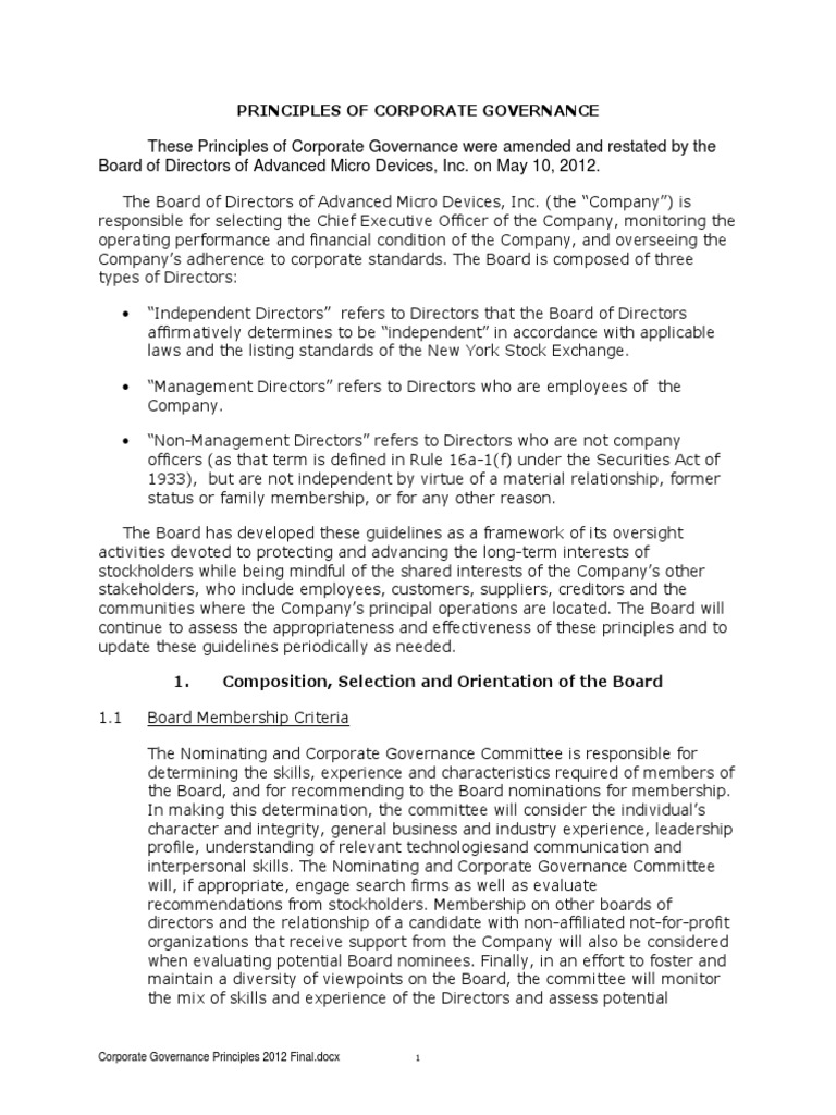 AMD Corporate Governance Principles 2012 | PDF | Board Of Directors ...