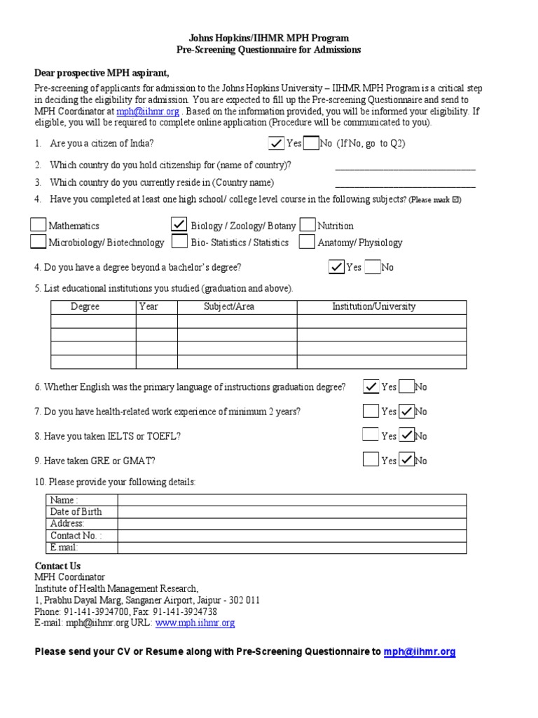 MPH Pre-Screening Questionnaire | PDF | Self-Improvement