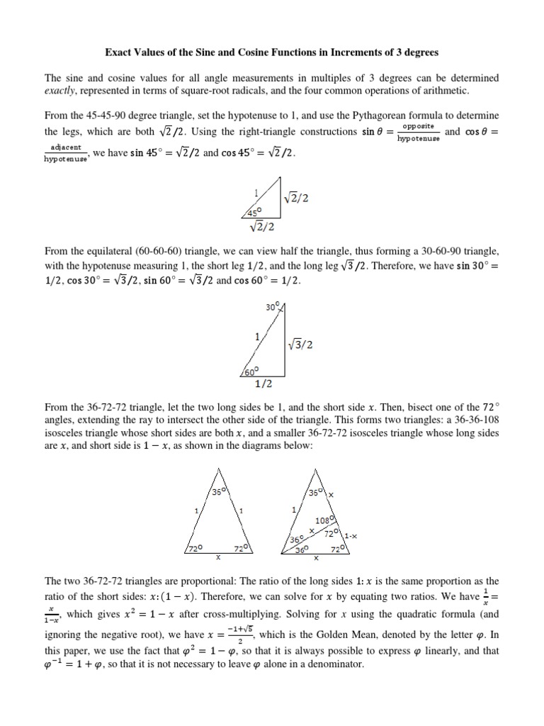 Exact Values of Sine and Cosine Functions | PDF | Trigonometric ...