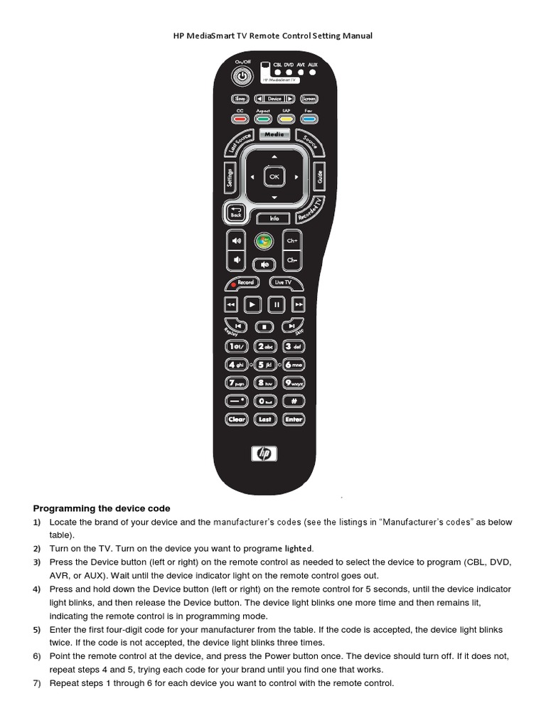 HP MediaSmart TV Remote Setting Manual | PDF | Remote Control | System Software