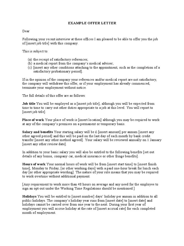 Example Offer Letter | Employee Benefits | Employment
