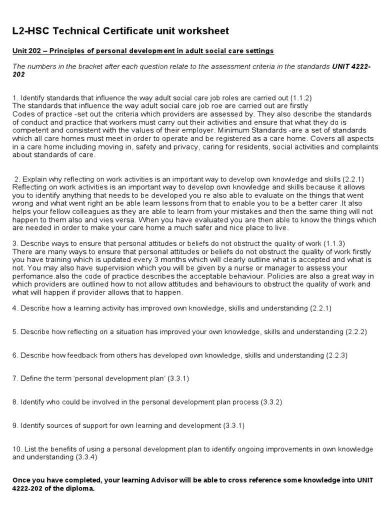 L2-HSC Technical Certificate Unit Worksheet | PDF | Learning | Knowledge