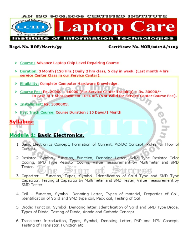 Laptop Chip Level Repairing Course Syllabus | PDF | Laptop | Mosfet