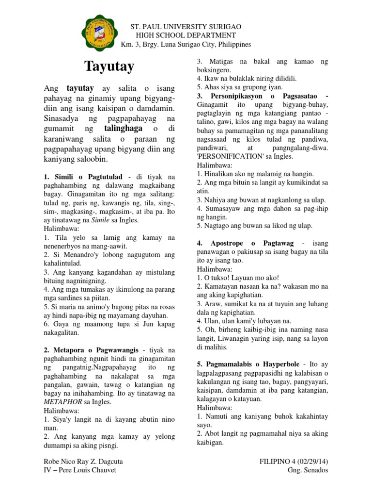 Tayutay Worksheet