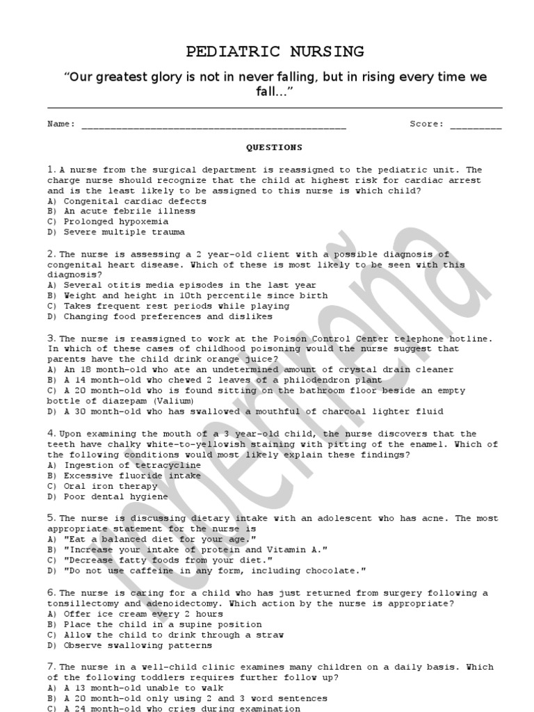 Pedia Nursing - Questions | PDF | Congenital Heart Defect | Dose ...